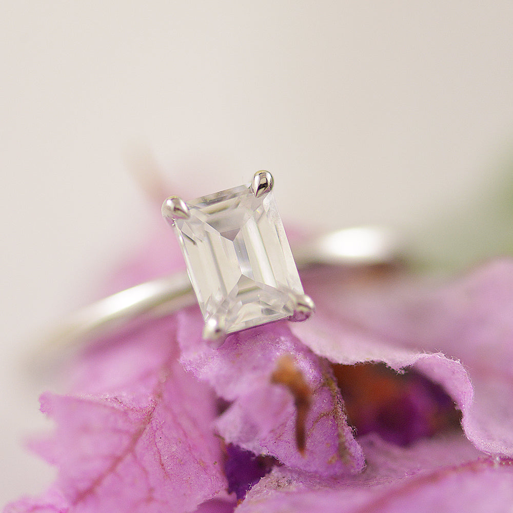 Custom Made 18ct Gold Emerald Cut Solitaire Diamond Plain Band Engagem ...
